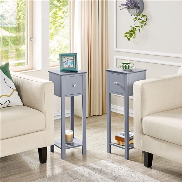 Grey Bedside Tables Set of 2 PCs Slim Telephone Tables with Drawer ...