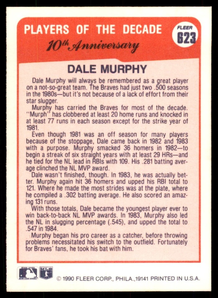 1990 Fleer Dale Murphy Baseball Cards #623 | eBay