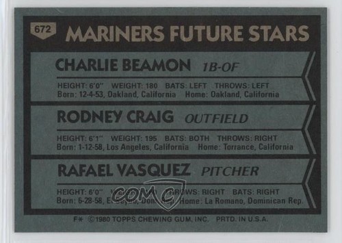 1980 Topps Future Stars Blank Front Charlie Beamon Rod Craig Rodney ...