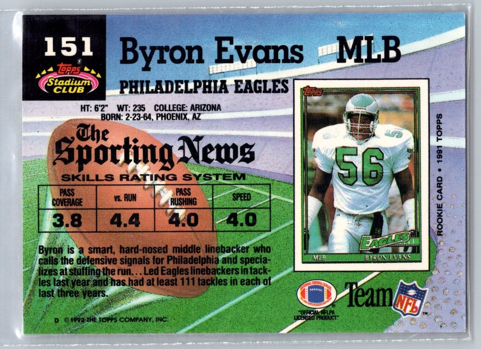 1992 TOPPS STADIUM CLUB CARD # 151 Byron Evans - Philadelphia Eagles | eBay