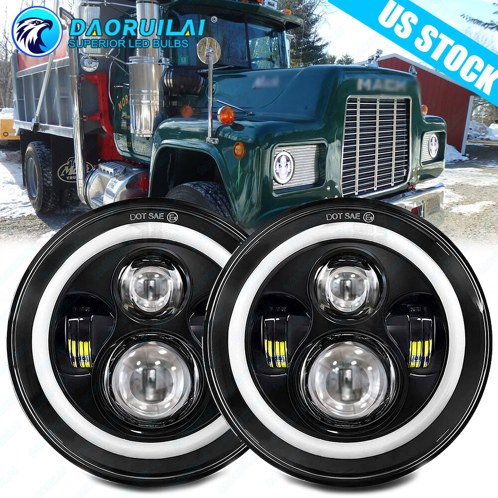 Pair 7" inch Round Led Headlights Hi/Lo Beam for Mack Granite CV713 ...