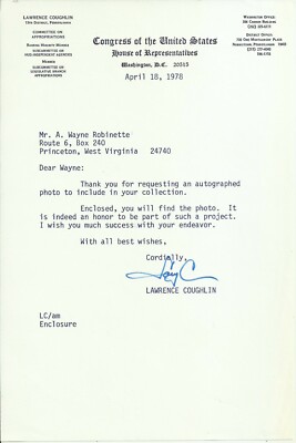 Lawrence Coughlin - U.S. Representative Original Autograph Signed 1978 ...