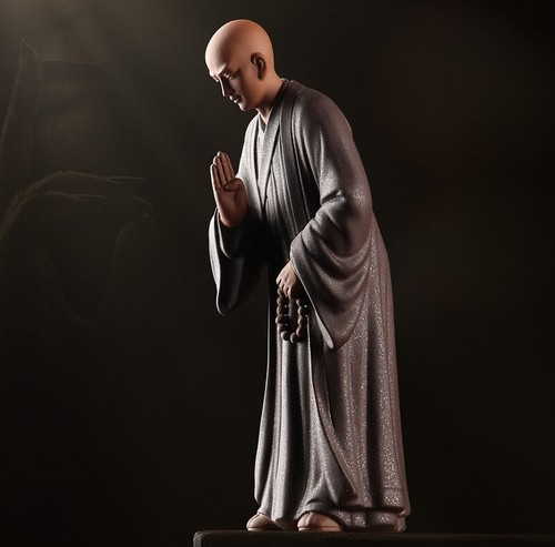 7.87" Chinese Zi Sha Sand Bowing Monk Statue Buddhism Zen Figure Decor ...