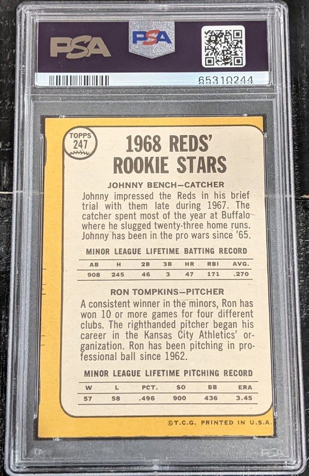 1968 Topps Johnny Bench ROOKIE PSA 4 VG-EX (mc) #247 Reds Ron Tompkins ...