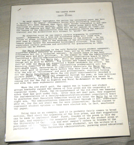 VINTAGE PAPER UC BERKELEY CAL CAMPUS PRESS DAILY CAL BY JERRY MANDEL ...
