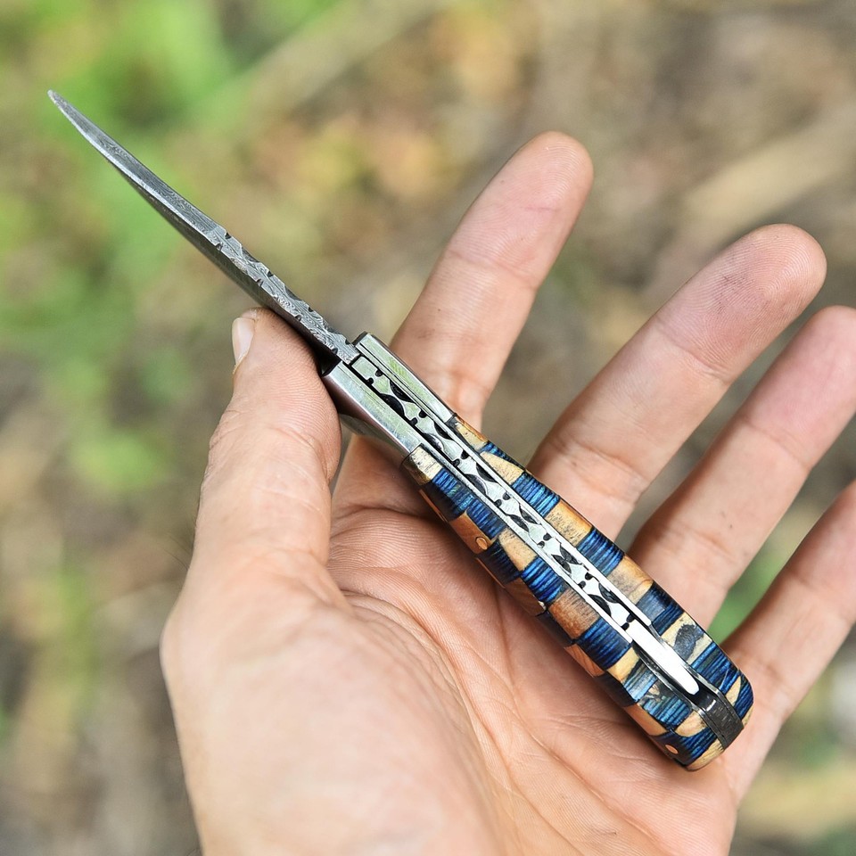 Damascus Hand Forged Folding Blade Pocket Knife Hiking Outing Tool With ...