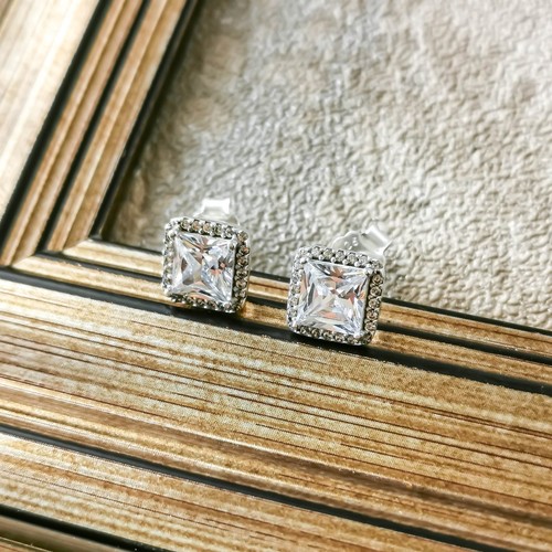 Pandora Square Sparkle Silver Clear Halo Stud Earrings on-trend Jewelry ...