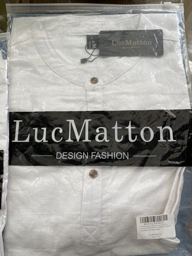 LucMatton Men's NWT White Cotton Linen Band Collar Long Sleeve Shirt S ...