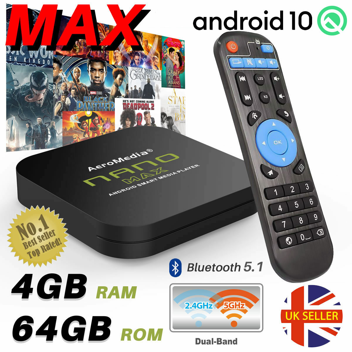 NANO MAX 4GB+64GB Android TV Box 12.0 HD Media Player 2.4/5GHz WiFi ...