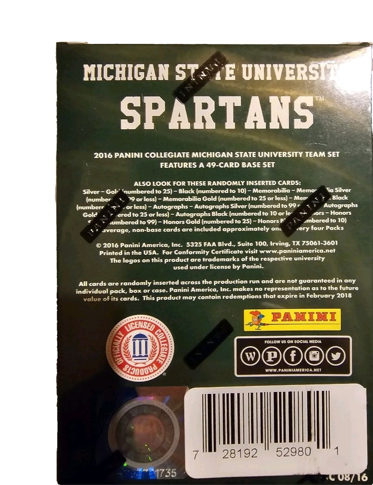 2016 Panini Michigan State Spartans New Factory Sealed Blaster Box-80 ...