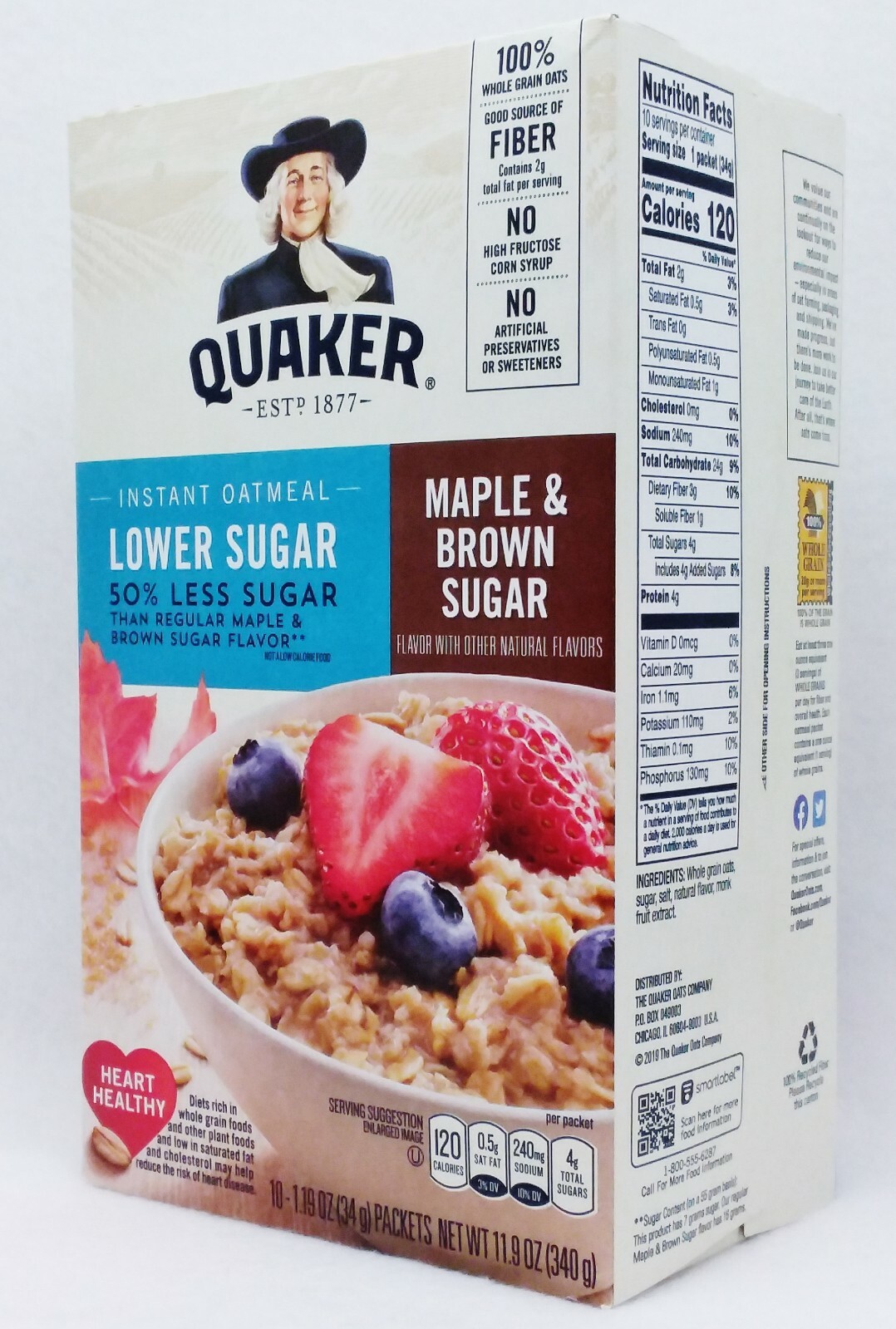 1 BOX Quaker MAPLE BROWN SUGAR Instant Oatmeal 50% LESS SUGAR Lower (10 ...