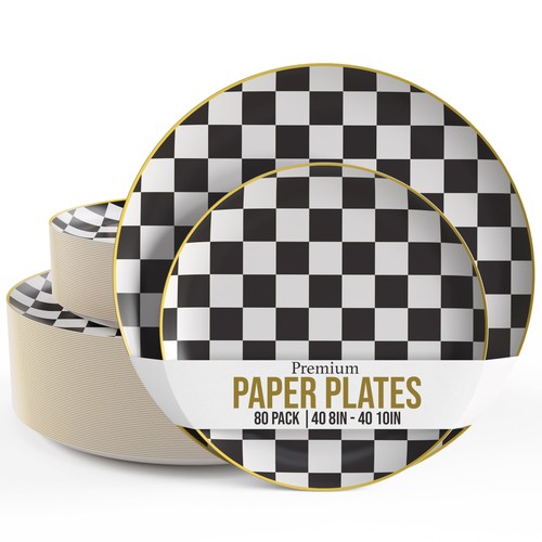 Checkered Paper Plates with Gold Rim | 80 Pcs Black And White Checkered ...