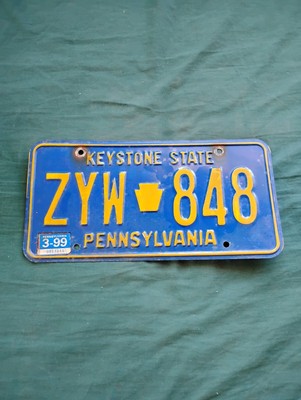 1999 Pennsylvania License Plate - "ZYW 848" KEYSTONE STATE 3-99 | eBay