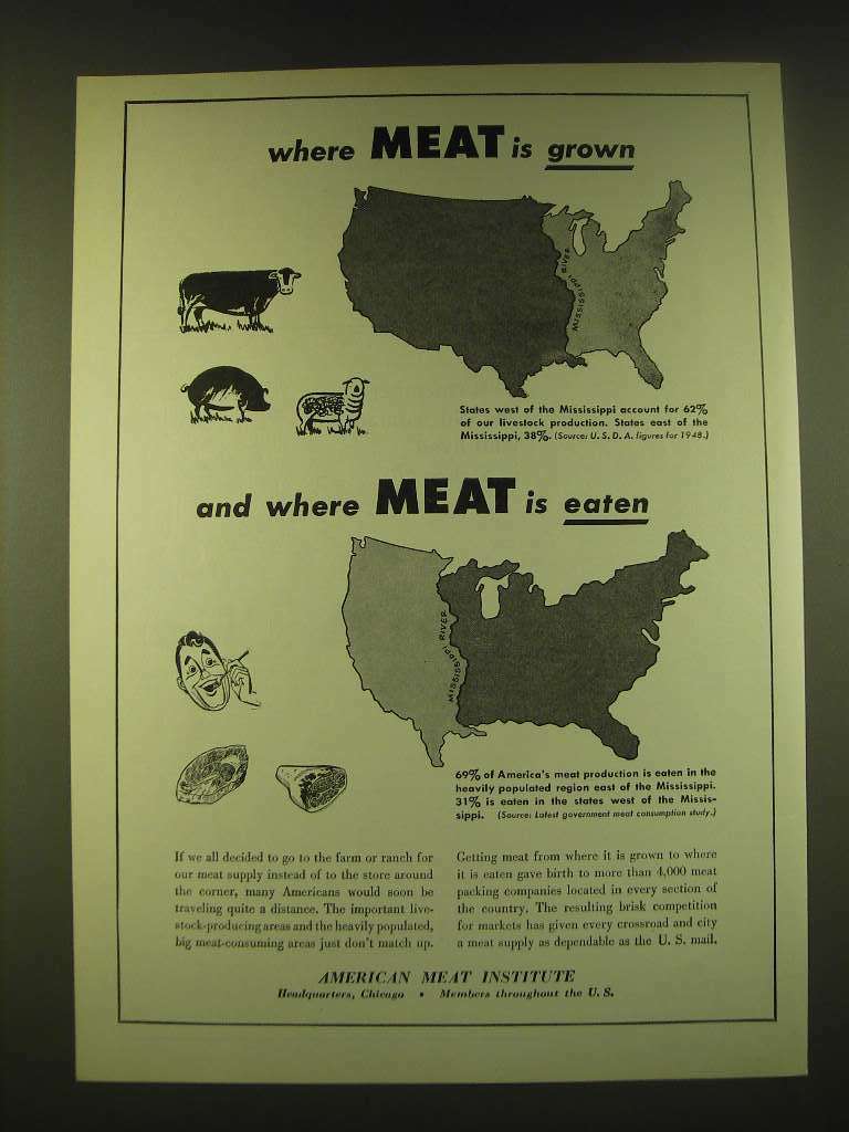 1950 American Meat Institute Ad - Where Meat is grown and where meat is ...