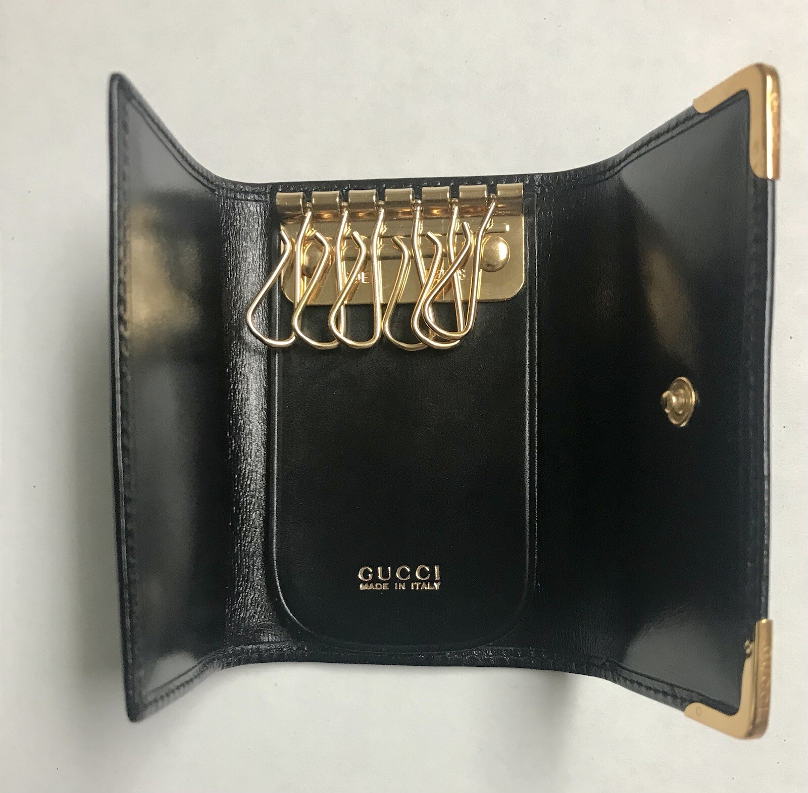 Gucci Black Leather Trifold Key Case Gold Trim | eBay