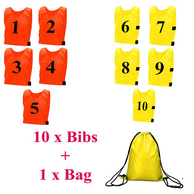 10 x NUMBERED FOOTBALL HI VIZ TRAINING SPORTS BIBS Adults Rugby Vest S ...