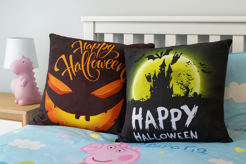 Halloween LED Light Up Pumpkin & Vampire Castle Filled Scatter Cushion ...
