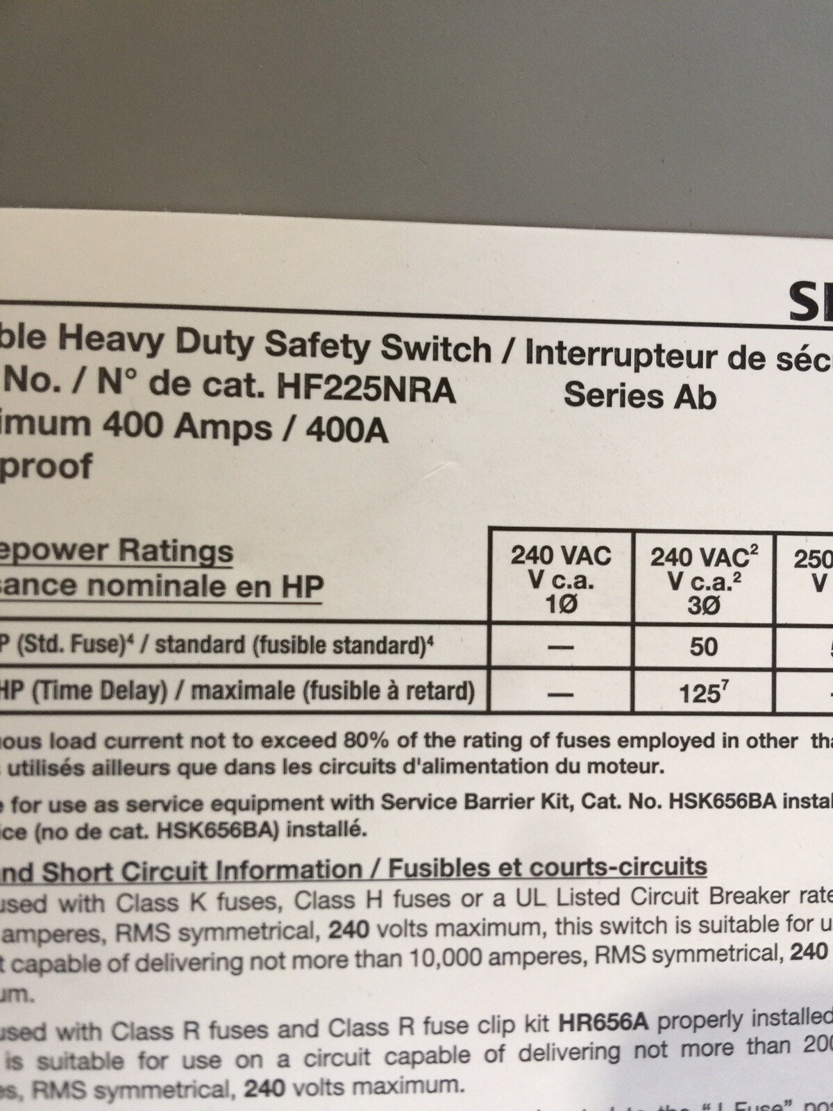 HOUSTON STOCK NEW SIEMENS HF225NRA FUSE SAFETY SWITCH 400 AMP 240V NEMA ...