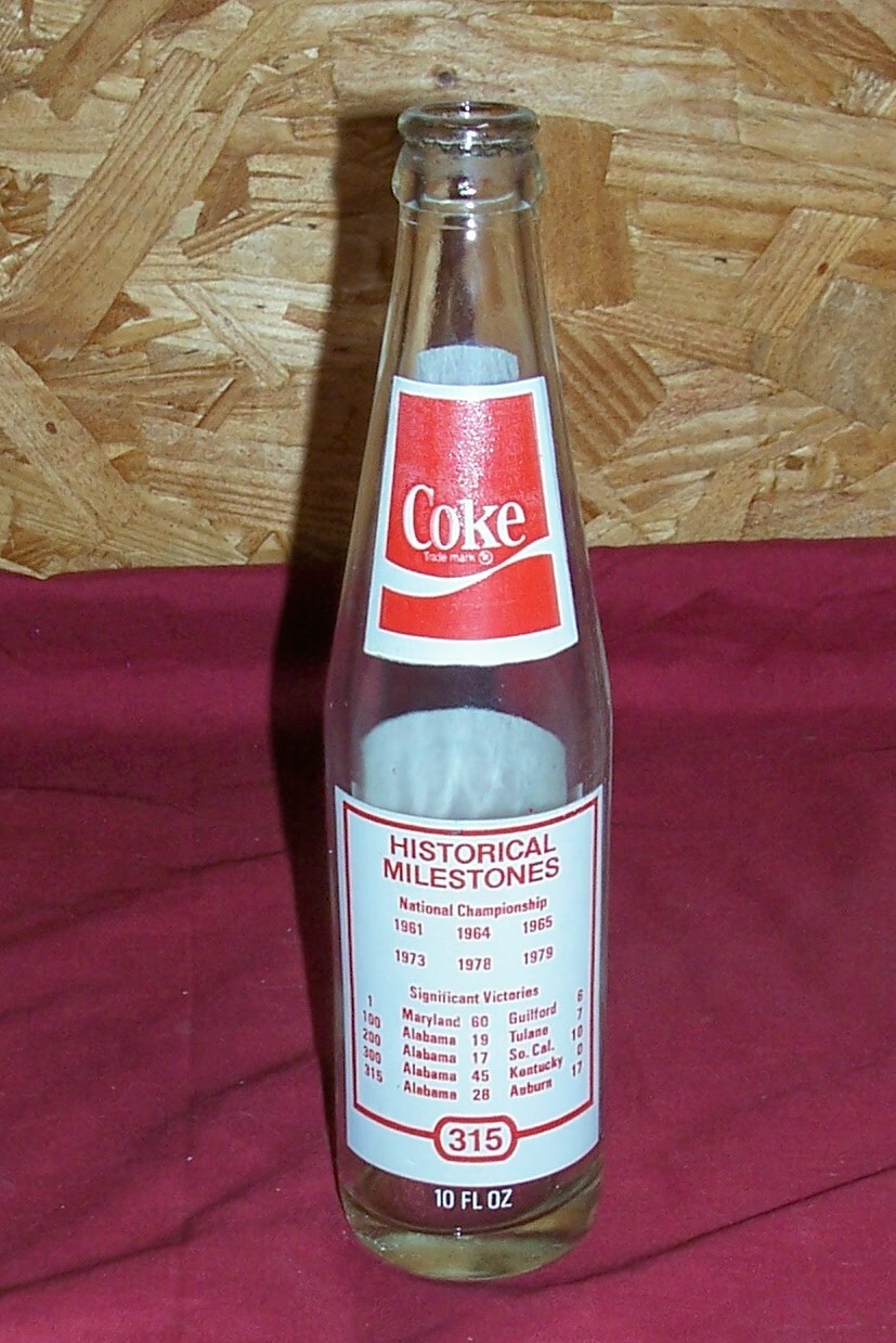 Old Coke Paul Bear Bryant Coca-Cola 10 oz Bottle Alabama Crimson Tide ...