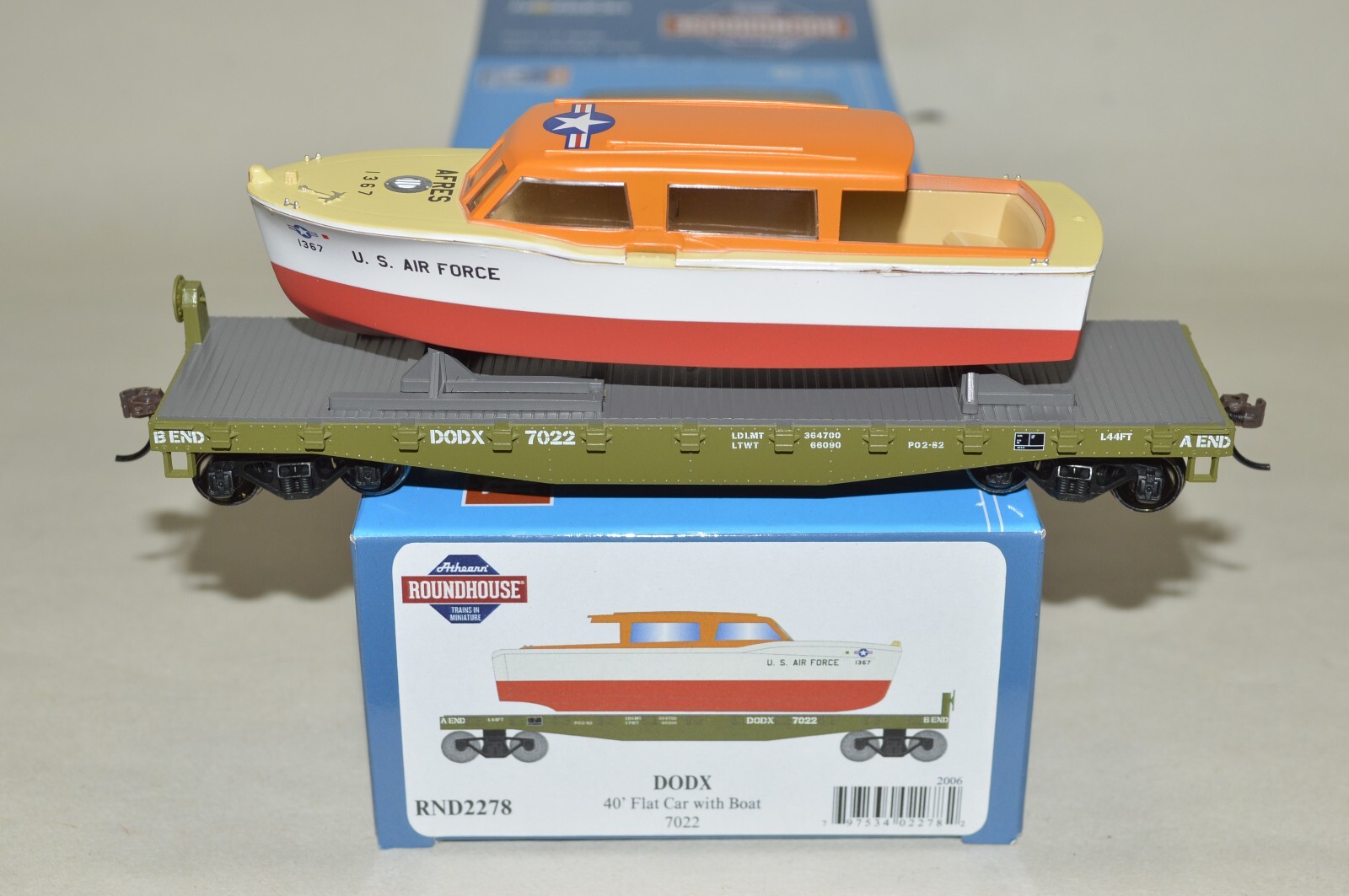 HO scale Athearn RTR DODX military 40' flat car train w/ boat US AIR ...