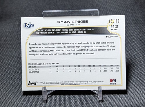 Ryan Spikes Gold /50 Prospect Rookie 2022 Topps Pro Debut Card #PD-31 ...
