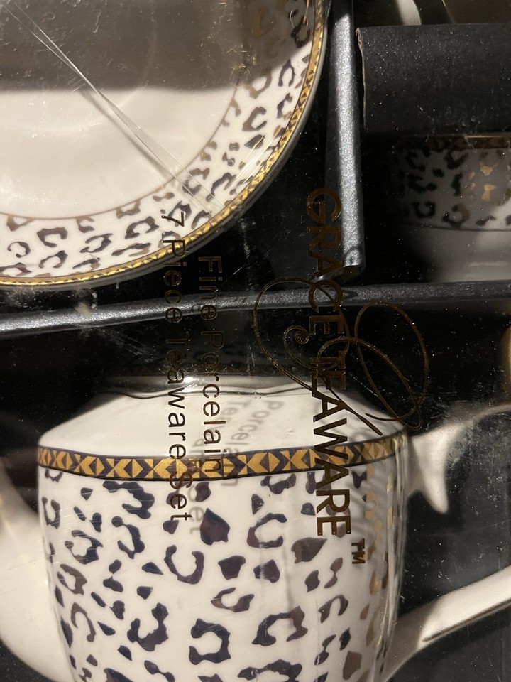 Grace's Teaware Porcelain Leopard Print 7pc Tea Set Teapot Cups Saucers ...