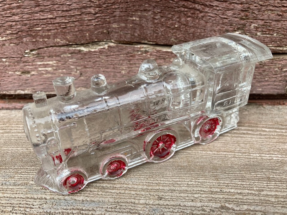VTG Antique Glass TRAIN Locomotive Engine Candy Container Red Wheels V ...