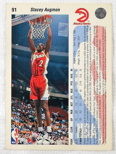 NBA UPPER DECK 92 / 93 #91 ATLANTA HAWKS STACEY AUGMON COLLECTIBLE CARD ...