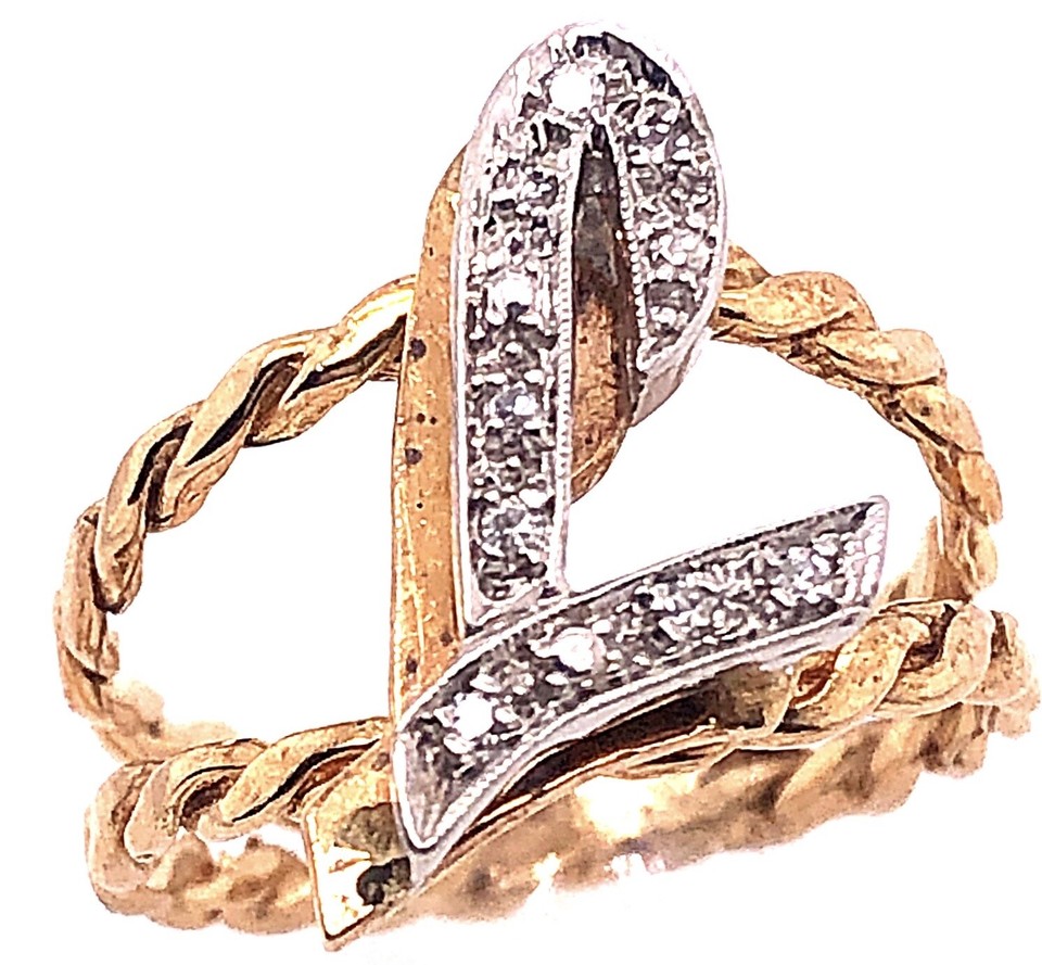 14 Karat Two Tone Gold Initial Style L Ring with Round Diamonds 101 ...