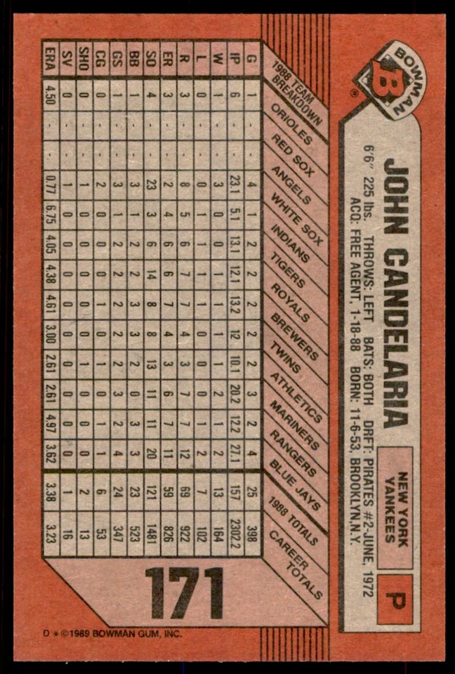 1989 Bowman Baseball Card John Candelaria New York Yankees #171 | eBay
