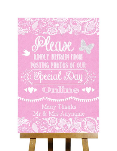 Pink Burlap & Lace Effect Don't Post Photos Online Personalised Wedding ...