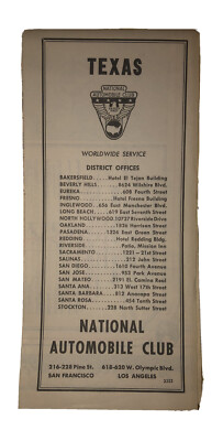 1952 National Automobile Club Texas Member Service Map | eBay