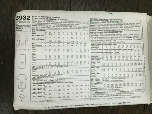 Simplicity 3932 Misses Womens Scrub Tops Hat Sleeve Variations 20W-28W ...