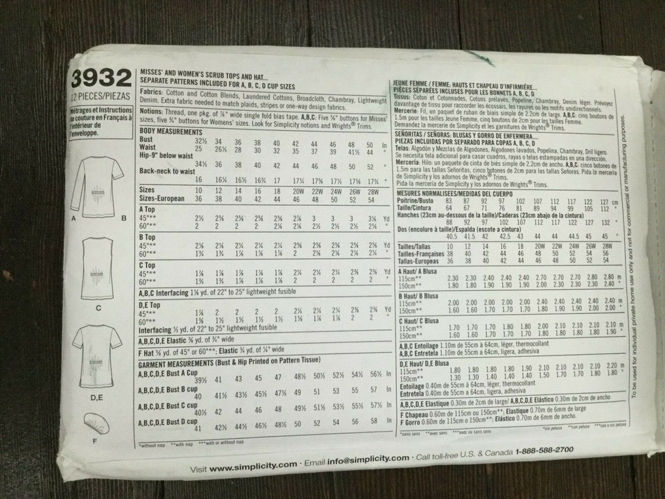 Simplicity 3932 Misses Womens Scrub Tops Hat Sleeve Variations 20W-28W ...