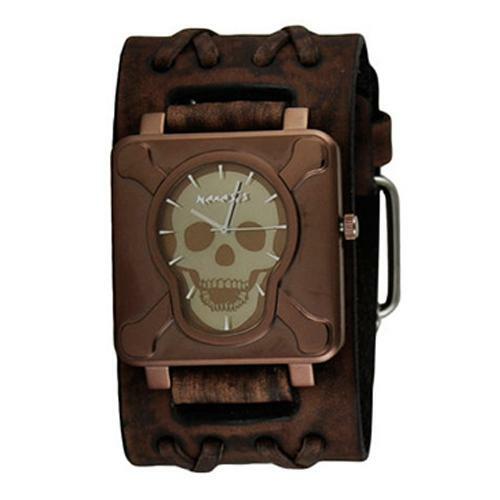 Brown Cross Bones Skull Watch with Wide Faded Brown Double X Leather ...
