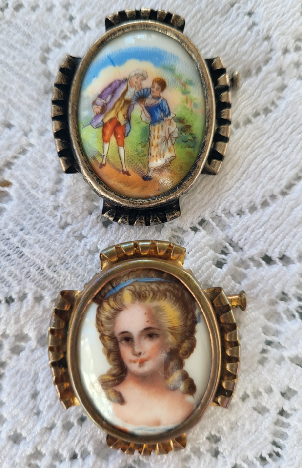 2 Antique Cameo Limoges France Brooch Pin Hand Painted Push-Pull ...