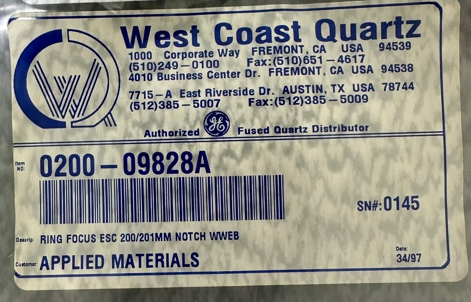 AMAT APPLIED MATERIALS 0200-09828 RING FOCUS ESC 200/201MM NOTCH WWEB ...