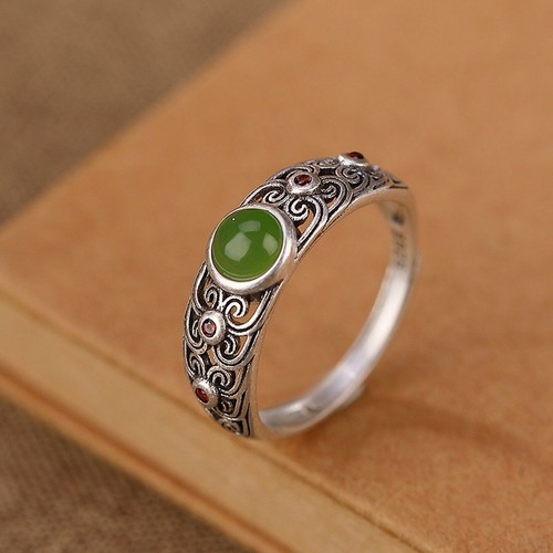 Real Solid 925 Sterling Silver Band Natural Jade Jasper Hollow Pattern ...