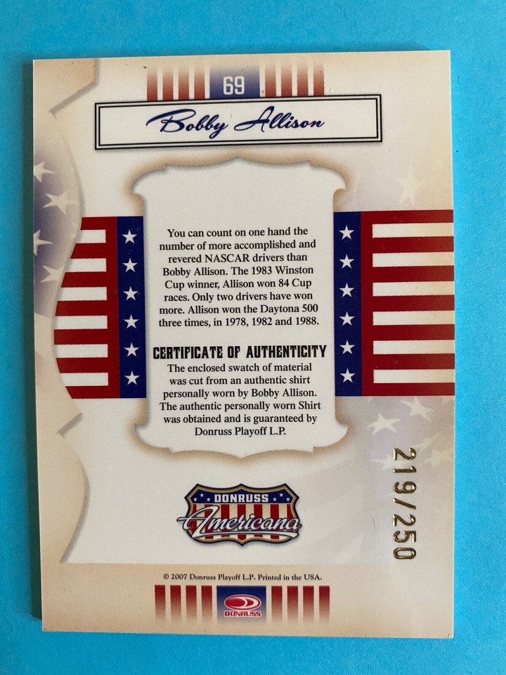 2007 Dunruss NASCAR COLOR RELIC #69 Billy Allison, Actor #219/250 +82 ...