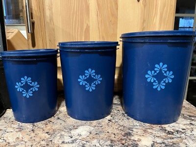 Set Of 3 Vntg Tupperware Navy Dark Blue Canister 808-37, 810-24, 812-25 ...