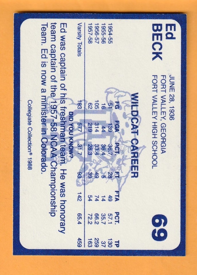 Ed Beck Kentucky Wildcats AUTO Signed 1988 Card #69 1958 NCAA Champs ...