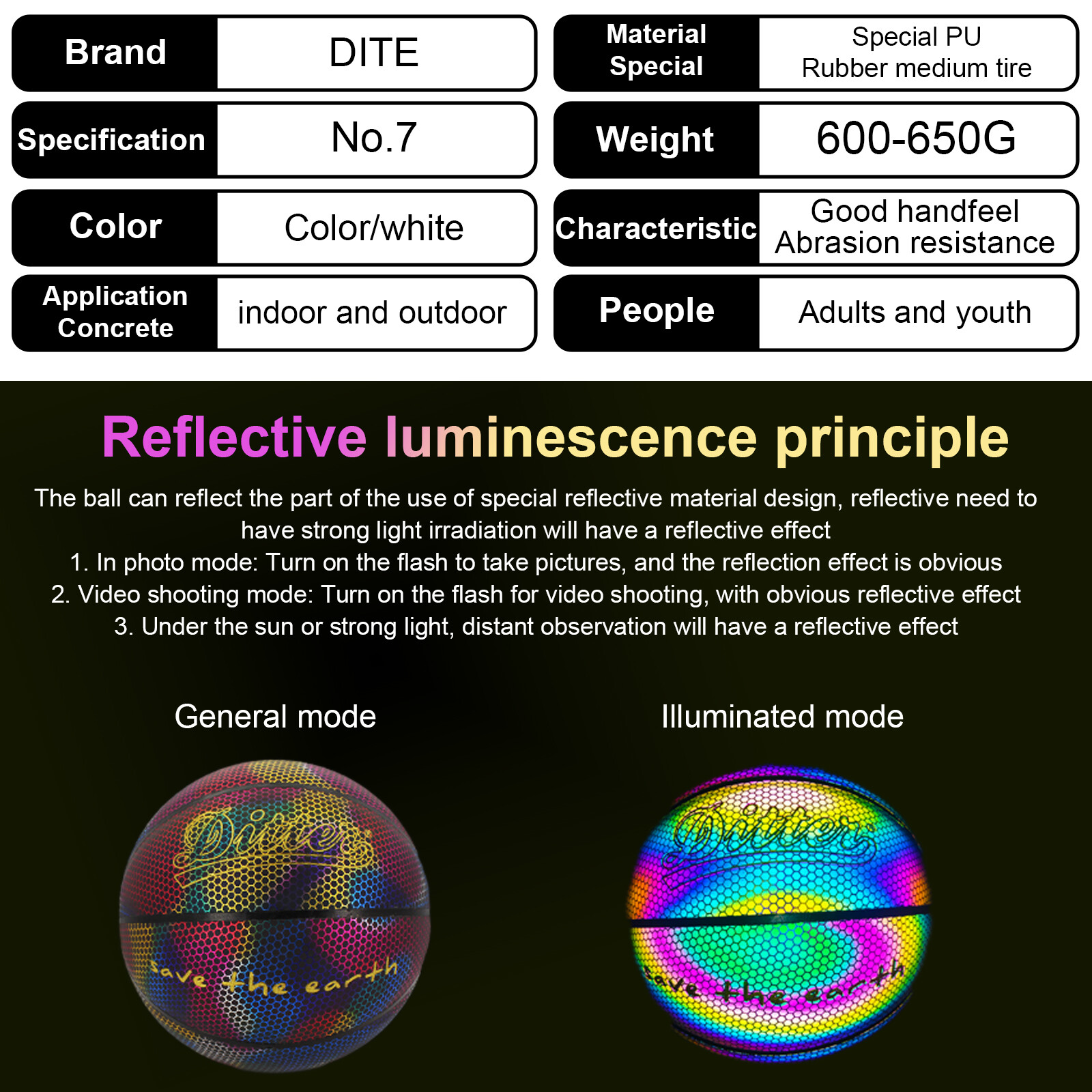 GLOW IN THE DARK REFLECTIVE BASKETBALL HOLOGRAPHIC BASKETBALL XMAS GIFT ...