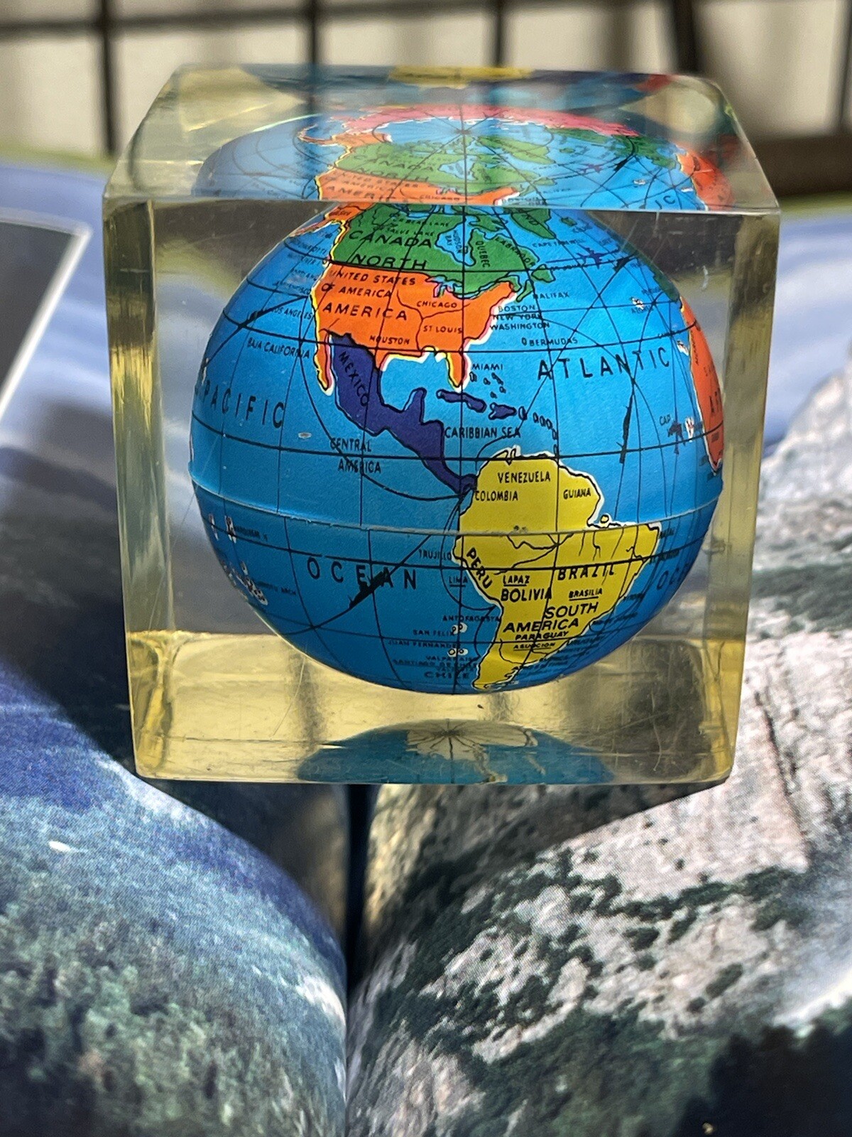 Mini World Globe Encased in Acrylic or Lucite - Small Square Paper ...