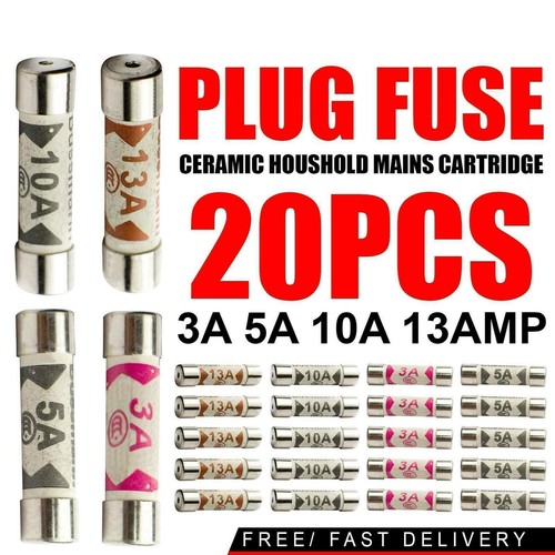 20x Mixed Domestic Fuses 3a 5a 10a 13a Plug Top Household Mains Ceramic ...