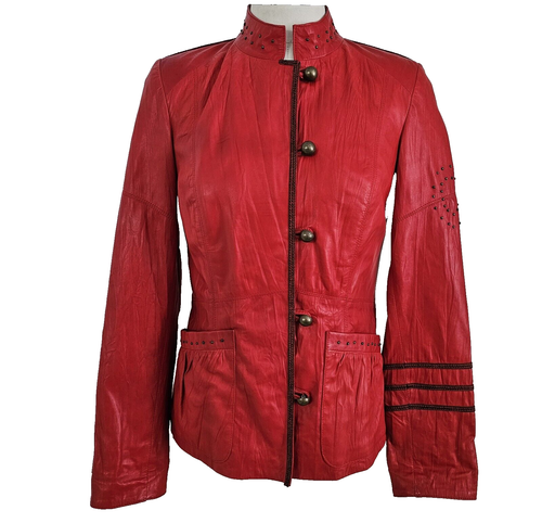 PASHA VENETO Red Crinkle Studded women's Leather Brass Button Jacket ...