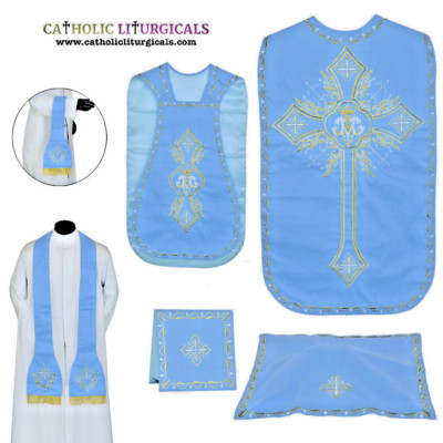 Blue Roman Chasuble Fiddleback Vestment and 5pcs mass set AM embroidery ...