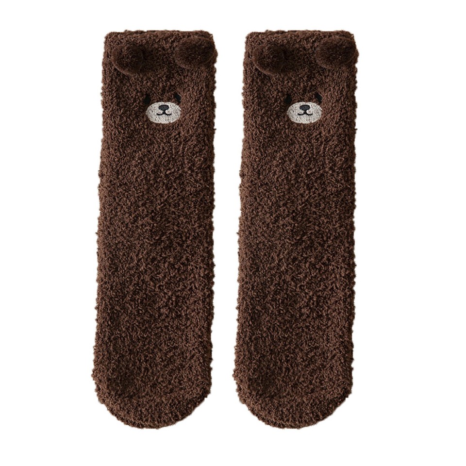 Women Cute Bear Winter Sleep Bed Floor Socks Fluffy Coral Fleece Warm ...