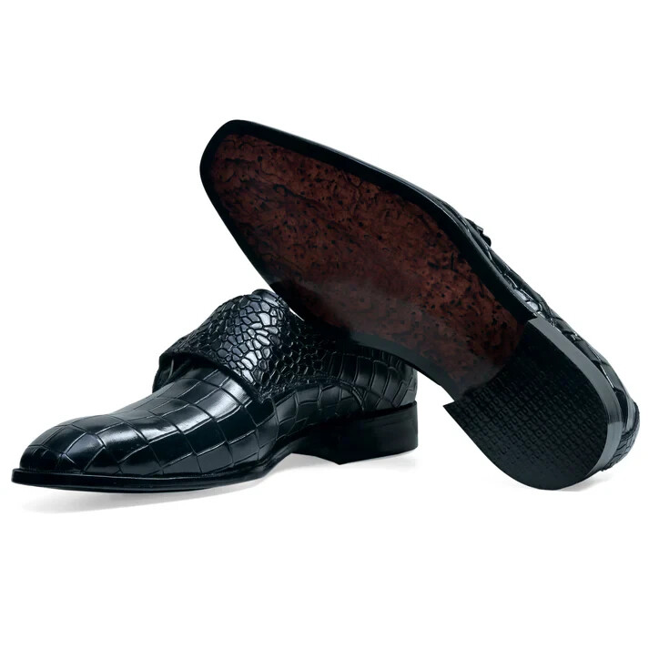 Handmade Men black Crocodile alligator skin shoes Single Monk Strap ...