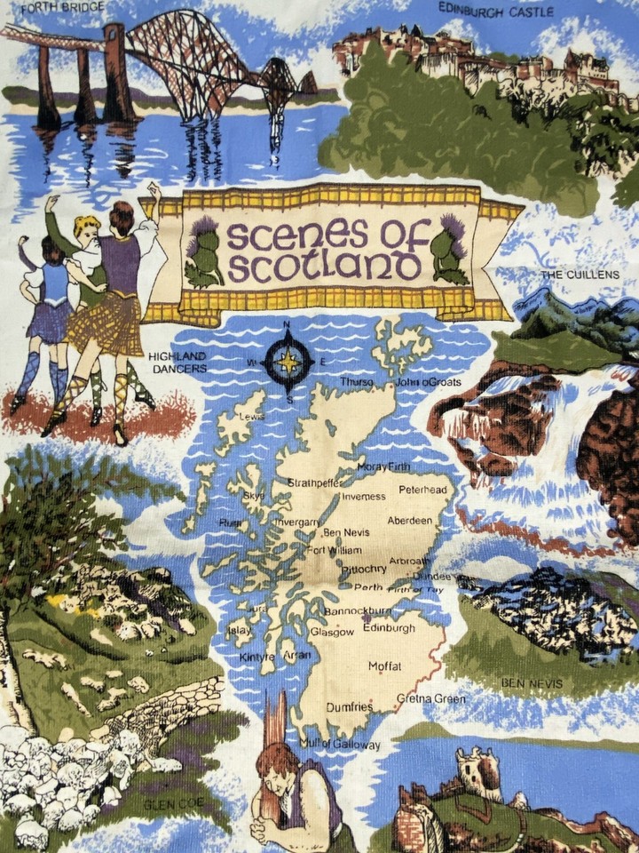 Scenes of Scotland Tea Towel Souvenir 28” x 18” Scottish Highland Map ...