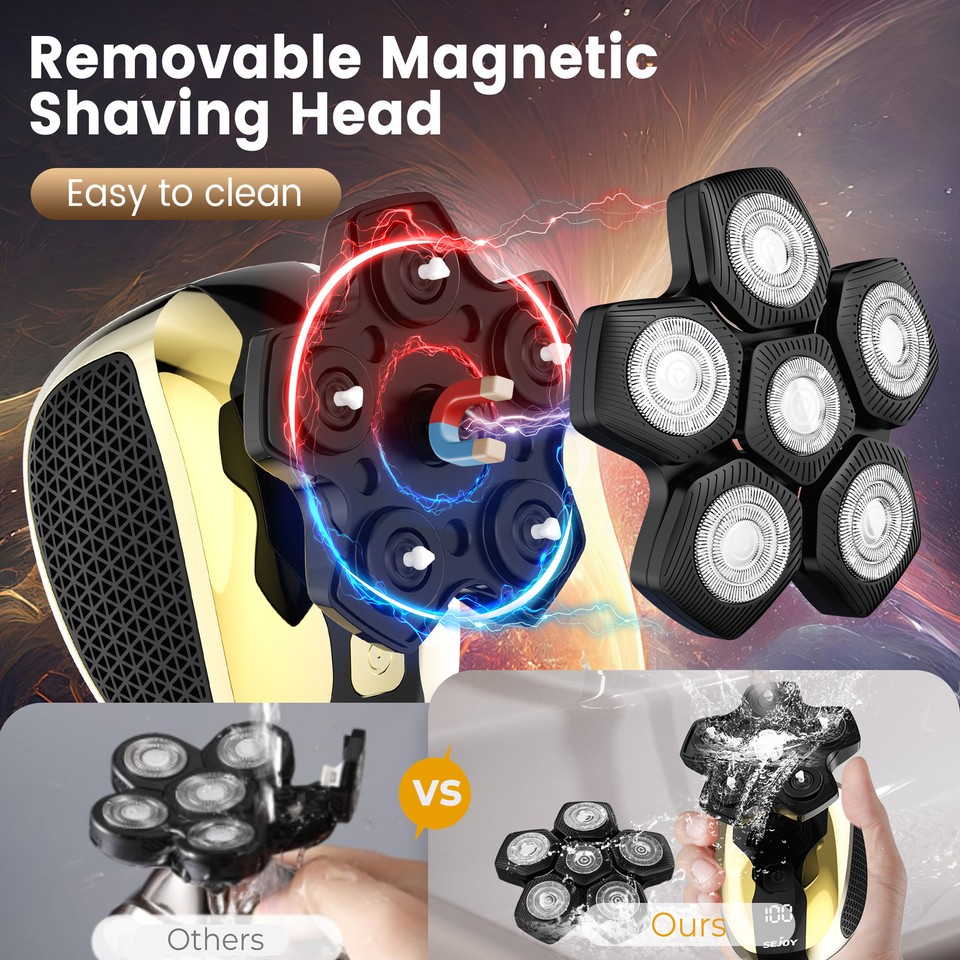 6D 5in1 Rotary Shaver Cordless Hair Trimmer Bald Head Razor Electric ...